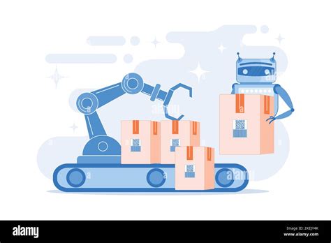Robot Substituting Human Working With Boxes On Conveyor Belt And Robotic Arm Labor Substitution