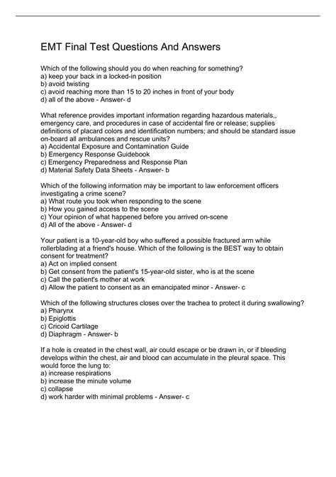 Emt Final Test Questions And Answers Emt Test Chapters 1 6 Questions And Answers Emt Exam 1