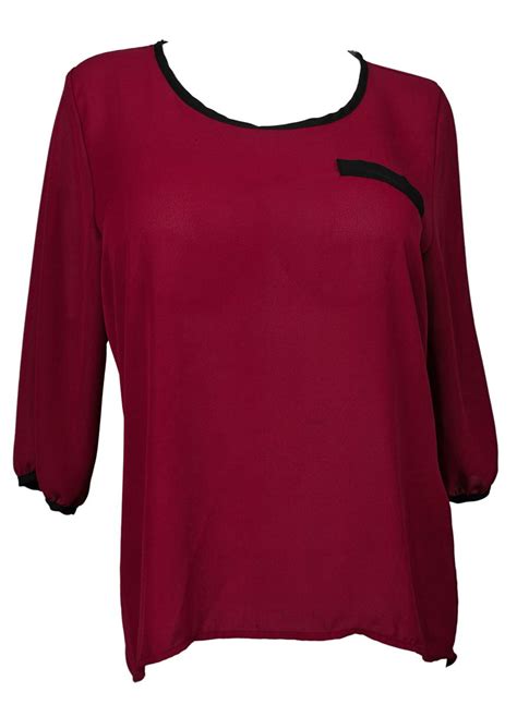 Plus Size 34 Sleeve Colorblock Chiffon Blouse Burgundy Evogues Apparel