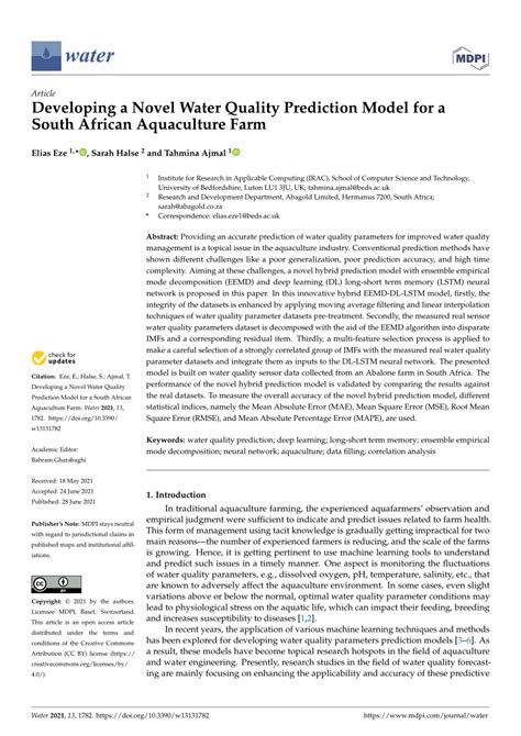 Pdf Developing A Novel Water Quality Prediction Model For A South African Aquaculture Farm