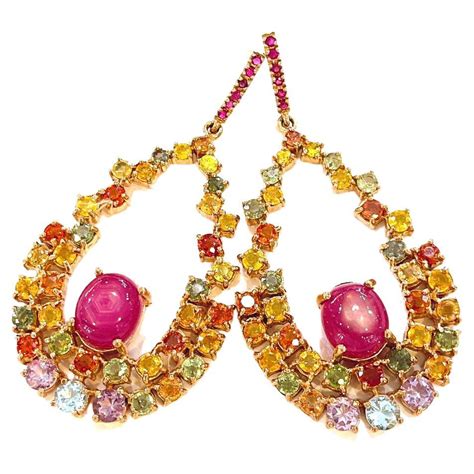 Bochic “capri” Red Ruby And Multi Fancy Sapphire Earrings Set In 22k