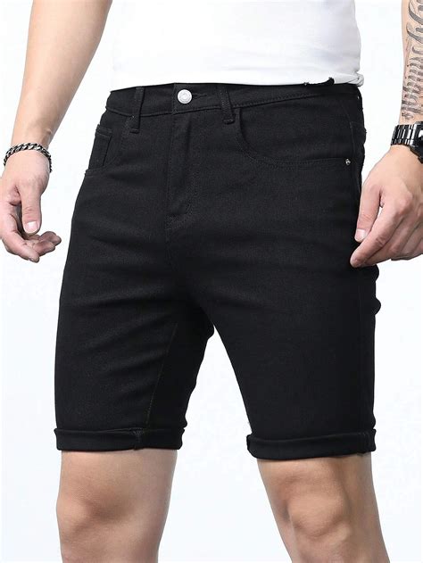 Custom Men Black Cotton Solid Denim Shorts