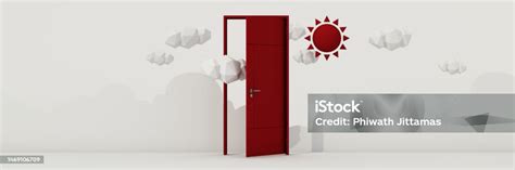 3d 렌더링 흰 구름이 통과하고 열린 문 밖으로 날아가고 밝은 흰색 배경에 격리된 개체 추상적 인 은유 현대적인 최소한의 개념 초현실적 인 꿈의 장면 와이드 스크린 0명에