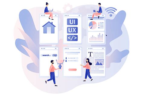 웹 Uiux 디자인 페이지 모바일 앱 개발 코딩 응용 프로그램 디자인 웹 구축 개념 현대 플랫 만화 스타일 흰색 배경에 벡터