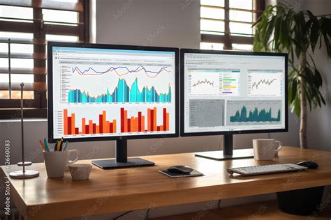In An Office Setting Dual Computer Monitors Display A Complex Sales Analytics Dashboard With