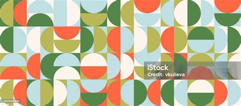 밝은 반원 이음새가 없는 패턴입니다 추상 기하학적 반원과 사각형 배경입니다 컬러 스위스 모더니즘 또는 포스트 모더니즘 스타일의