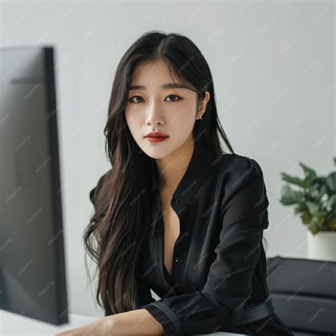 Premium Photo A Woman Sits At A Desk With A Computer Monitor In The