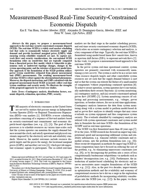 Measurement Based Real Time Security Constrained Economic Dispatch Pdf
