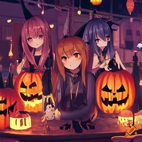 Anime Girls Making Halloween Decorations In A Colorful Shopping Street
