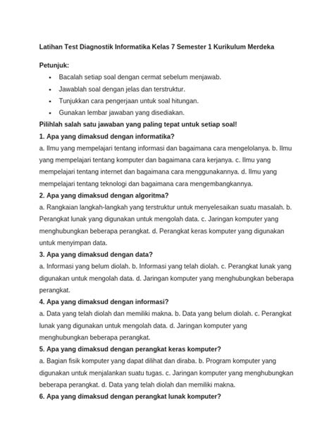 Latihan Test Diagnostik Informatika Kelas 7 Semester 1 Kurikulum