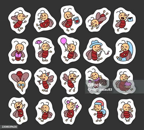 재미 기쁨 엔터테인먼트 표현 라이프 스타일 활동 창의성 장난스러운 쾌활한 친근한 미소 기분 행복에 대한 행복한 만화 감정을 가진 귀여운 카와이 모기 캐릭터 가공의 인물에