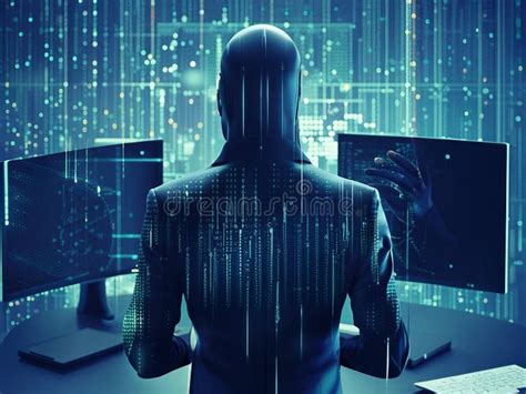 Hooded Computer Hacker In The Shadow With Binary Codes Stock