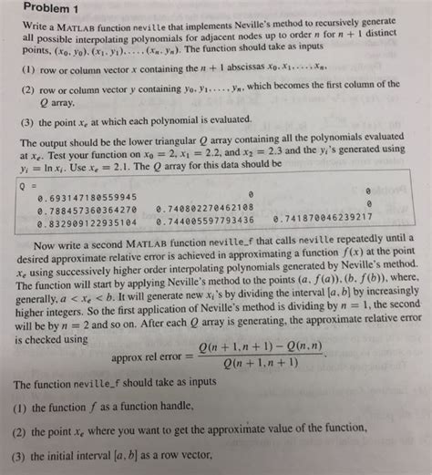 Problem Vrite A MATLAB Function Neville That Chegg