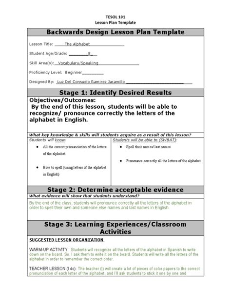 Backward Design Lesson Plan Template Luz Del Consuelo Ramirez Jaramillo Pdf Lesson Plan