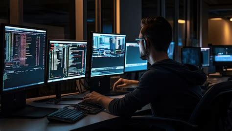 Premium Photo Side View Of A Young Caucasian Man Working On Multiple Computer Monitors At Night