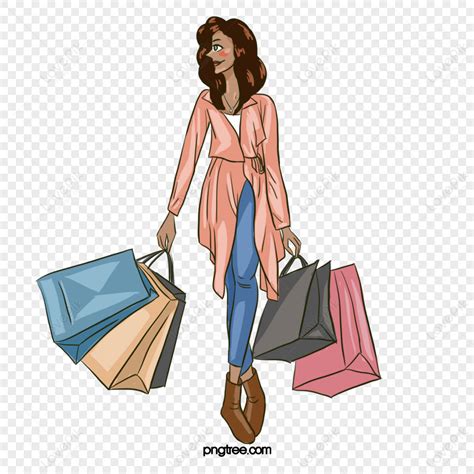 손으로 그린 선 그리기 일러스트 스타일 걷는 갈색 긴 머리 유럽 쇼핑 여자 요소클립 아트여자 모델 Png 일러스트 무료 다운로드 Lovepik