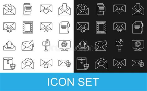 Set Line Envelope With Shield Mail And E Mail On Speech Bubble Document Pen Valentine Heart