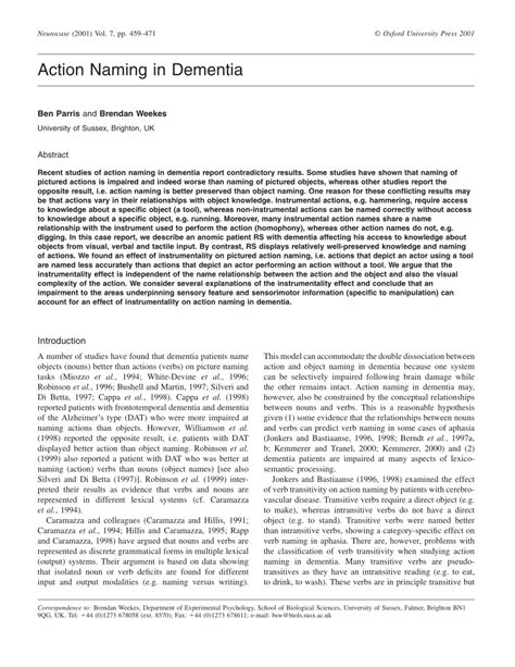 Pdf Action Naming In Dementia