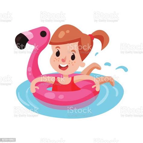 핑크 풍선 Lifebuoy 수영장 또는 바다 다채로운 문자 벡터 일러스트 레이 션에 재미 아이 함께 수영 하는 행복 한 여자 건강한 생활방식에 대한 스톡 벡터 아트 및 기타