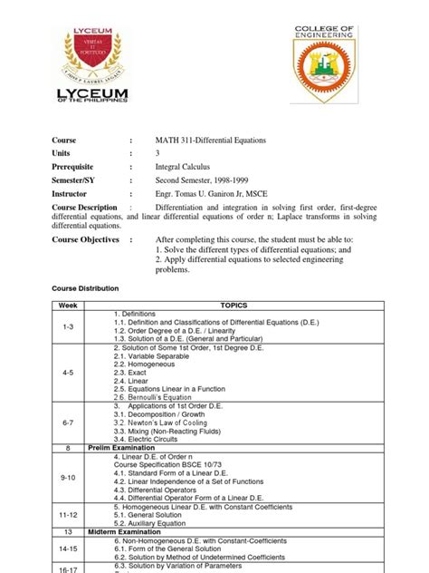 Math 311-Differential Equations Syllabus | PDF
