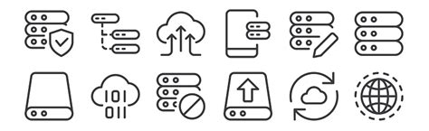 선형 작업 사무실 서버 아이콘 12세트 인터넷 업로드 이진 코드 편집 업로드 웹 전송 모바일과 같은 얇은 개요 아이콘 0명에