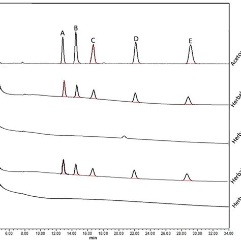 the typical hplc chromatograms of the five pyrethroid pesticides in