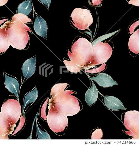 Seamless Pattern With Red Flowers And Gold Stock Illustration