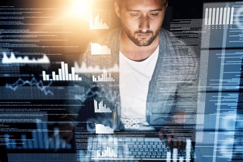 Premium Photo Man Web Design And Coding Overlay For Data Analytics Fintech App And Reporting