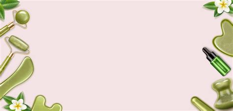 Gua Sha는 옅은 분홍색 배경 벡터 삽화에 천연 석재 롤러 스크레이퍼와 세럼 병을 사용하여 사실적인 구성을 마사지합니다 무료 벡터