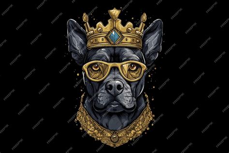 그의 머리 힙합 미적 스타일 벡터 일러스트 레이 션에 왕관을 쓰고 귀여운 불독 프리미엄 벡터