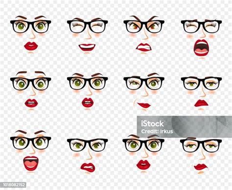 만화 감정입니다 안경 얼굴 표정 제스처 감정 행복 놀람 혐오 슬픔 휴 실망 두려움 놀라운 기쁨 미소 낙담 여자 만화 아이콘 큰 격리 설정 귀여운에 대한 스톡 벡터 아트 및