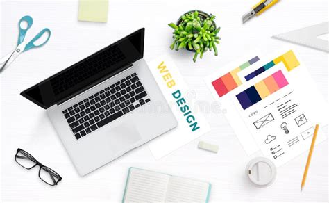Web Design Studio Desk With Laptop Computer And Color Palette Stock Photo Image Of Experience