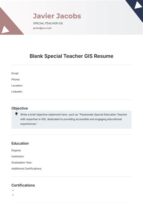 Free Blank Special Teacher Gis Resume Template To Edit Online