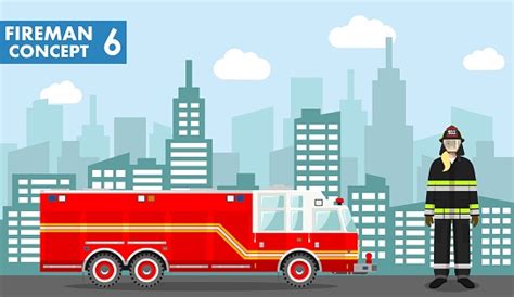 소방관 개념입니다 도시 경관과 배경에 평평한 스타일의 여성 소방관과 소방차의 상세한 그림 벡터 그림입니다 소방차에 대한 스톡 벡터 아트 및 기타 이미지 Istock