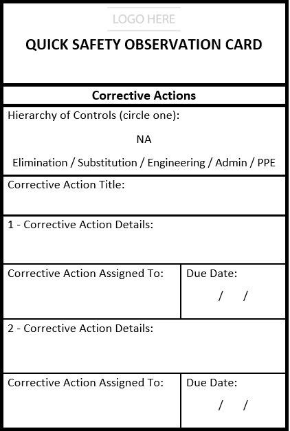 Quick Safety Observation Card Free Template Occupational Health