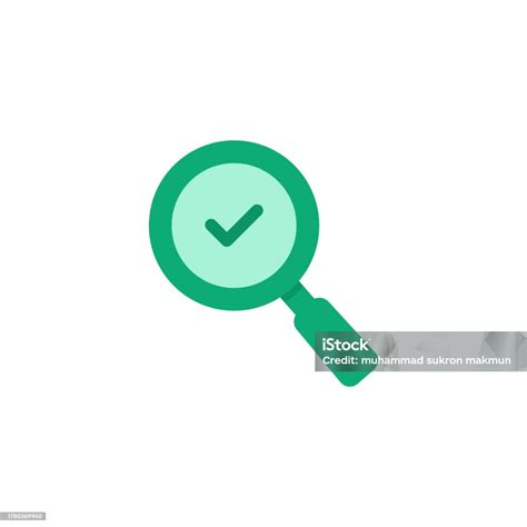 녹색 만화 추상 돋보기 체크 표시 분석 도구의 개념 및 서명을 승인하거나 수락합니다 플랫 미니멀 트렌드 모던 심플 루페 로고 타입 디자인 웹 요소 흰색 절연 검사 보기에