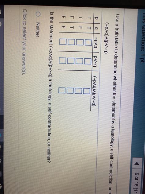 solved iiis question 1 pt 9 of 15 11 use a truth table to