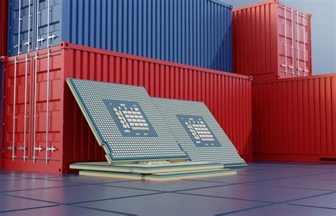 premium photo container and computer chip export import semiconductor industry 3d rendering