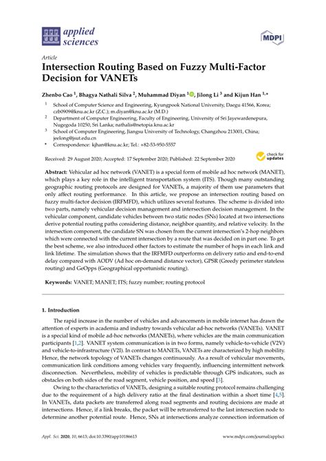 Pdf Intersection Routing Based On Fuzzy Multi Factor Decision For Vanets