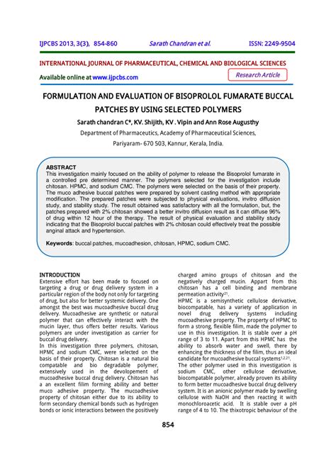 Pdf Formulation And Evaluation Of Bisoprolol Fumarate Buccal Patches By Using Selected Polymers