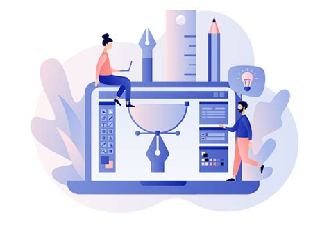 그래픽 디자인 스튜디오 그래픽 편집기에서 펜으로 그리는 작은 디자이너 일러스트레이터 또는 벡터 아티스트 팀웍 디자이너 도구 현대 평면 만화 스타일입니다 흰색 배경의 벡터