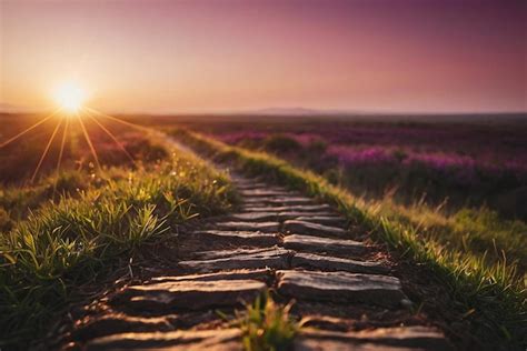 Premium Photo A Path With A Sun Setting Behind It And A Path With Rocks In The Background