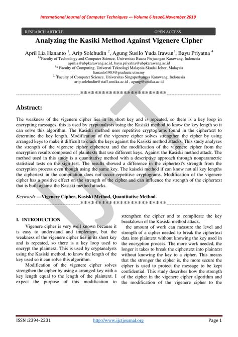 Pdf Analyzing The Kasiski Method Against Vigenere Cipher