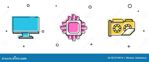 Set Computer Monitor Screen Processor With Cpu And Video Graphic Card Icon Vector Stock