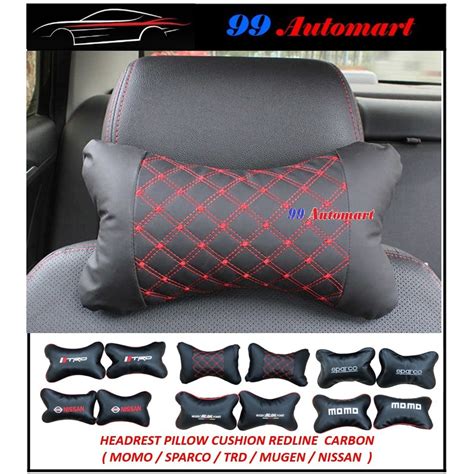 2 Pc Carbon Fiber Car Neck Pillow Head Rest Redline Red Line Pillow