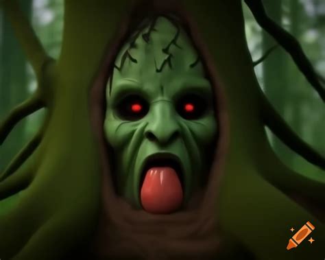 Creepy Human Face Made Of Bark On Tree In Woods 3d Cgi Anime Fantasy