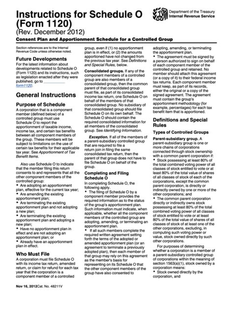 Instructions For Schedule O Form 1120 2012 Printable Pdf Download