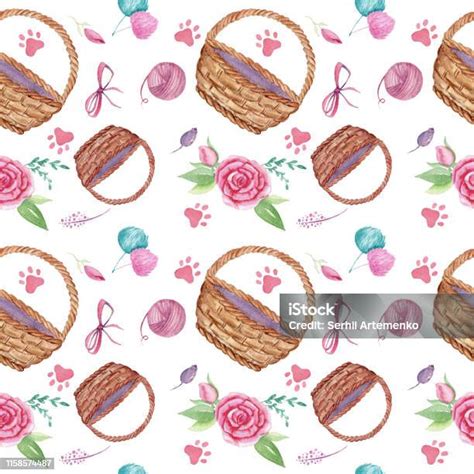 고양이와 꽃과 원활한 패턴 직물 엽서 인사말 카드 책 포스터 티셔츠에 대한 수채화 그래픽 그림 격리된 개체입니다 고양이 새끼에 대한 스톡 벡터 아트 및 기타 이미지 Istock