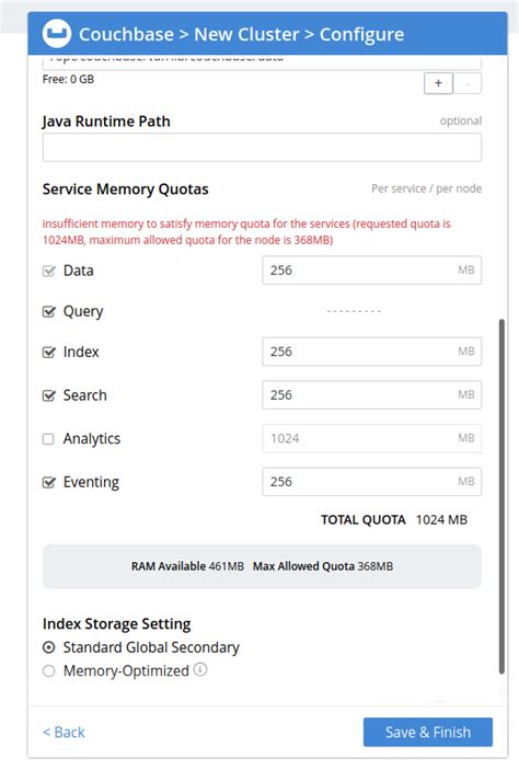 Couchbase With Docker Maximum Allowed Quota For The Node Is 368mb