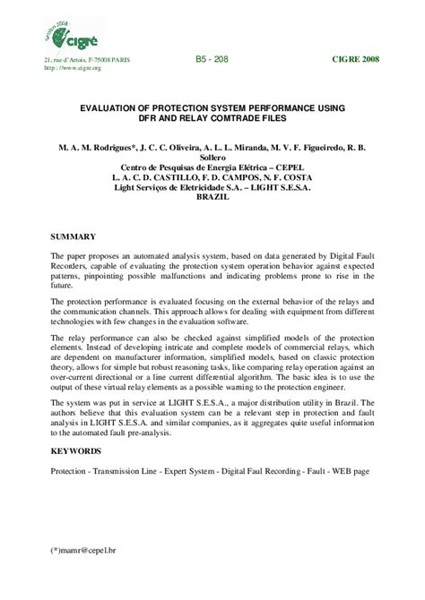 Pdf Evaluation Of Protection System Performance Using Dfr And Relay
